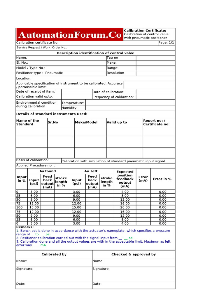Control Valve Calibration Certificate | PDF | Calibration | Electrical ...