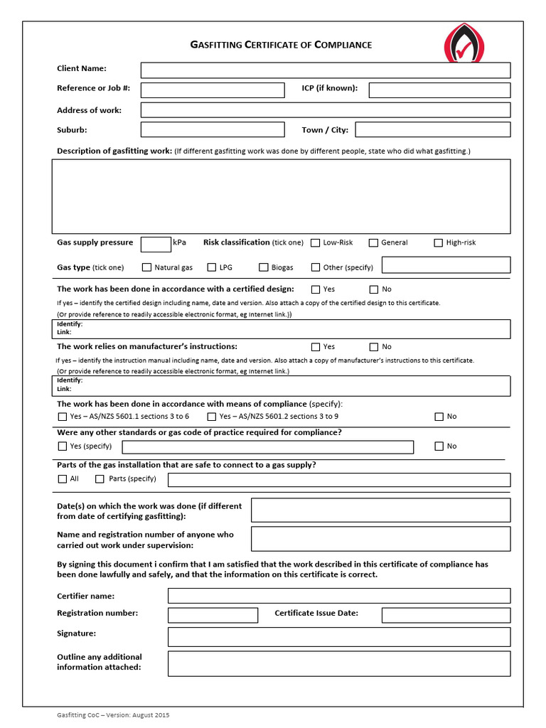 Gasfitting Certificate of Compliance | PDF