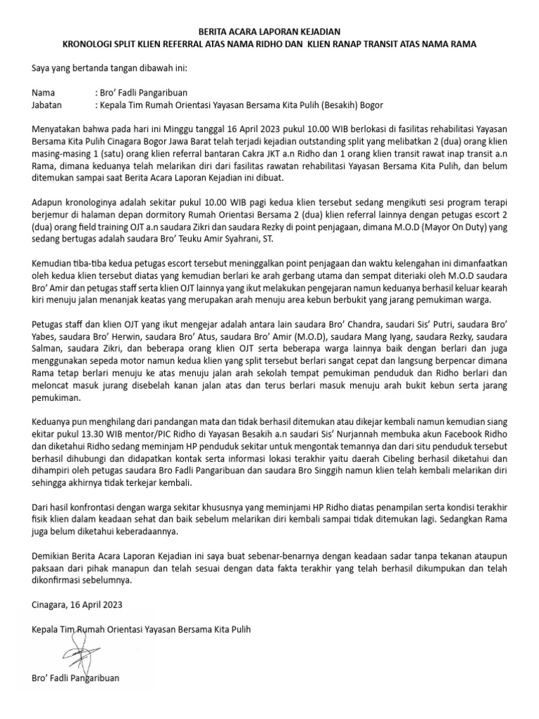 Berita Acara Laporan Kejadian Outstanding Split Klien A.N Rama Dan ...