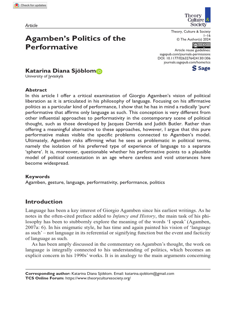 Sjoblom 2024 Agamben S Politics of The Performative | PDF | Deconstruction