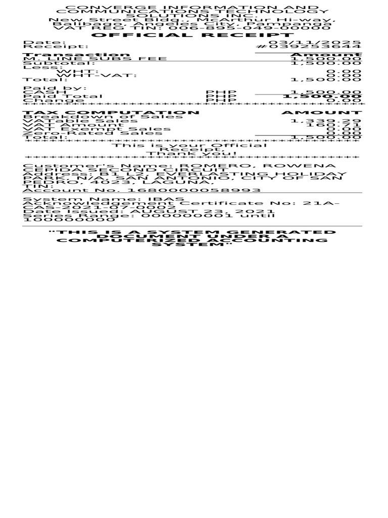 Official Receipt: Transaction Amount | PDF
