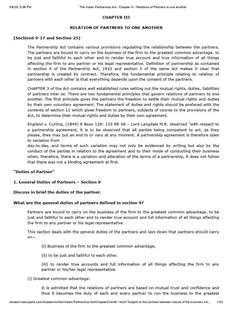 The Indian Partnership Act - Chapter III - Relations of Partners To One ...