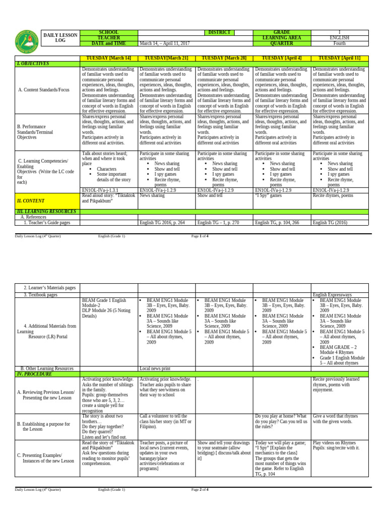 DLL English Grade1 Quarter4 OL | PDF | Teachers | Thought