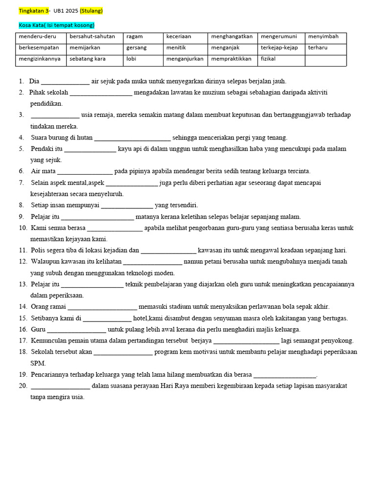 Tingkatan 3 - Stulang (Isi Tempat Kosong) WDWD | PDF
