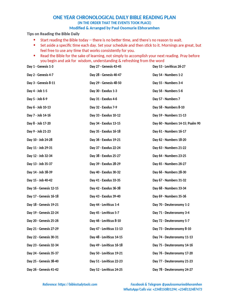 One Year Chronological Bible Plan | PDF | Book Of Numbers | Book Of Genesis