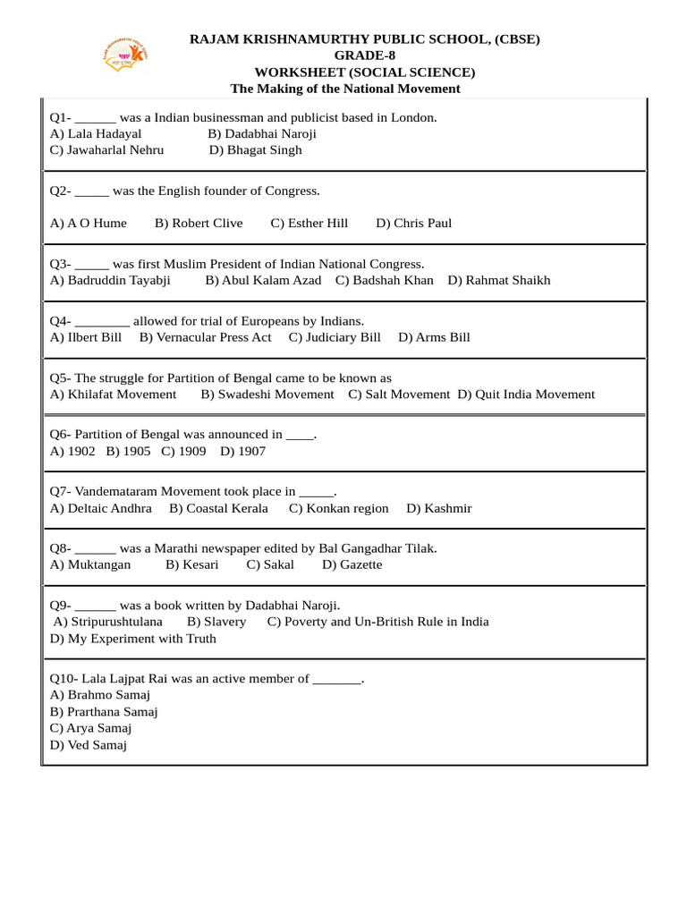 History Worksheet - Class 8 | PDF
