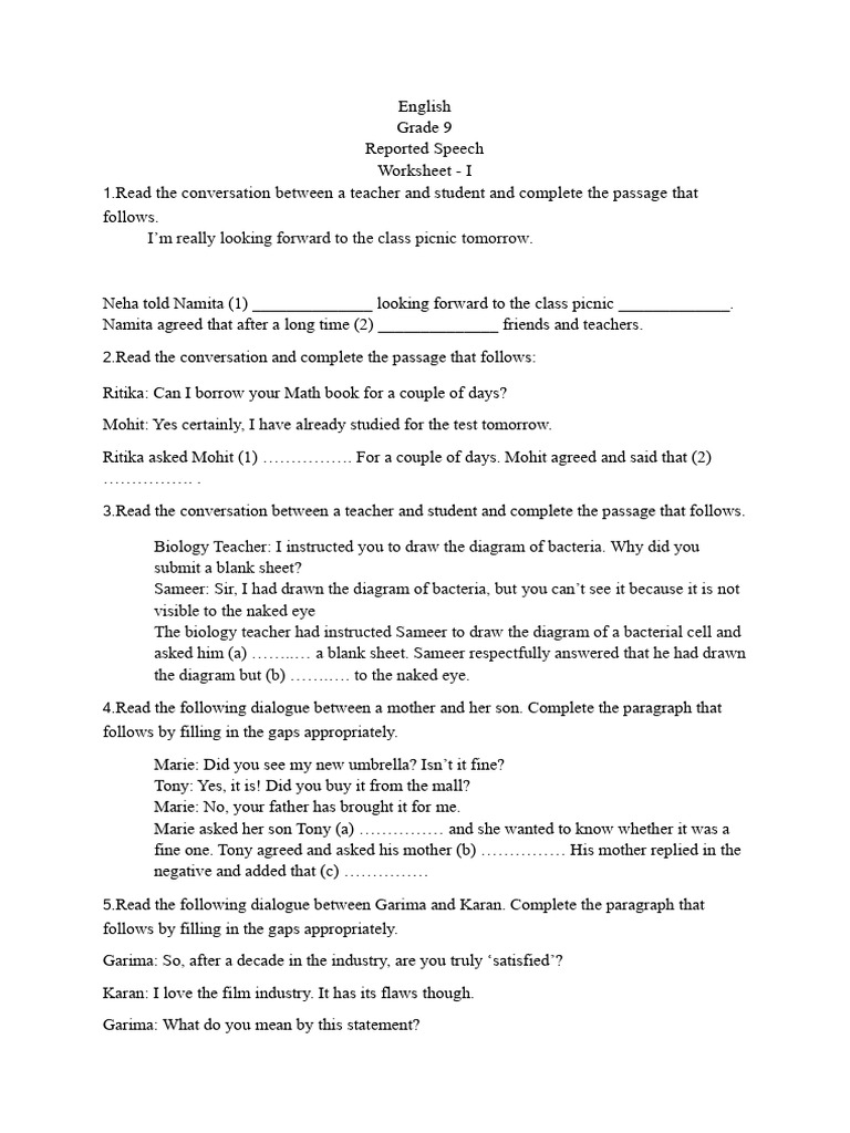 G 9 ENG WS 1 Reported Speech | PDF