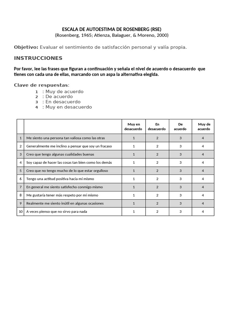 Escala de Autoestima de Rosenberg (Rse) | PDF