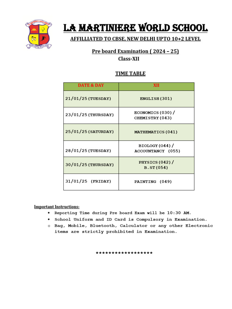 XII Preboard - Time Table-1 | PDF