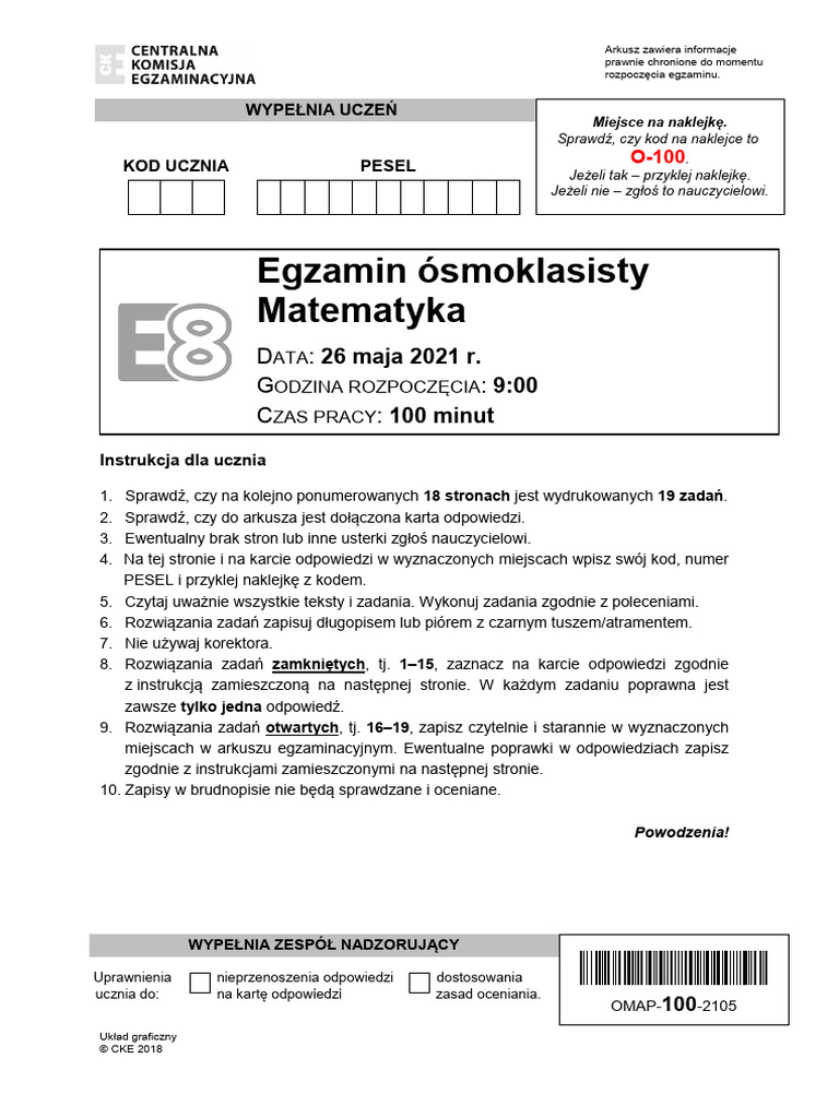 Httpsstatic2.Cke.gov.Plimages EGZAMIN OSMOKLASISTYArkusze Egzaminacyjne2021matematykaOMAP 100 X ...