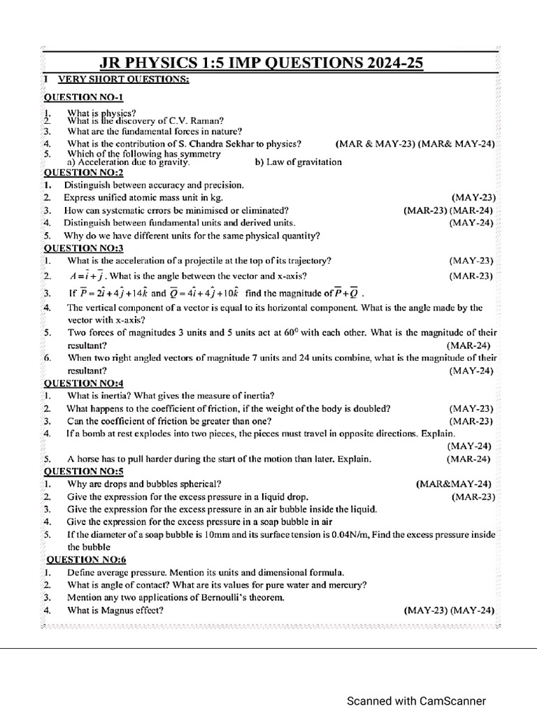Jr.Physics IMP QUESTIONS | PDF