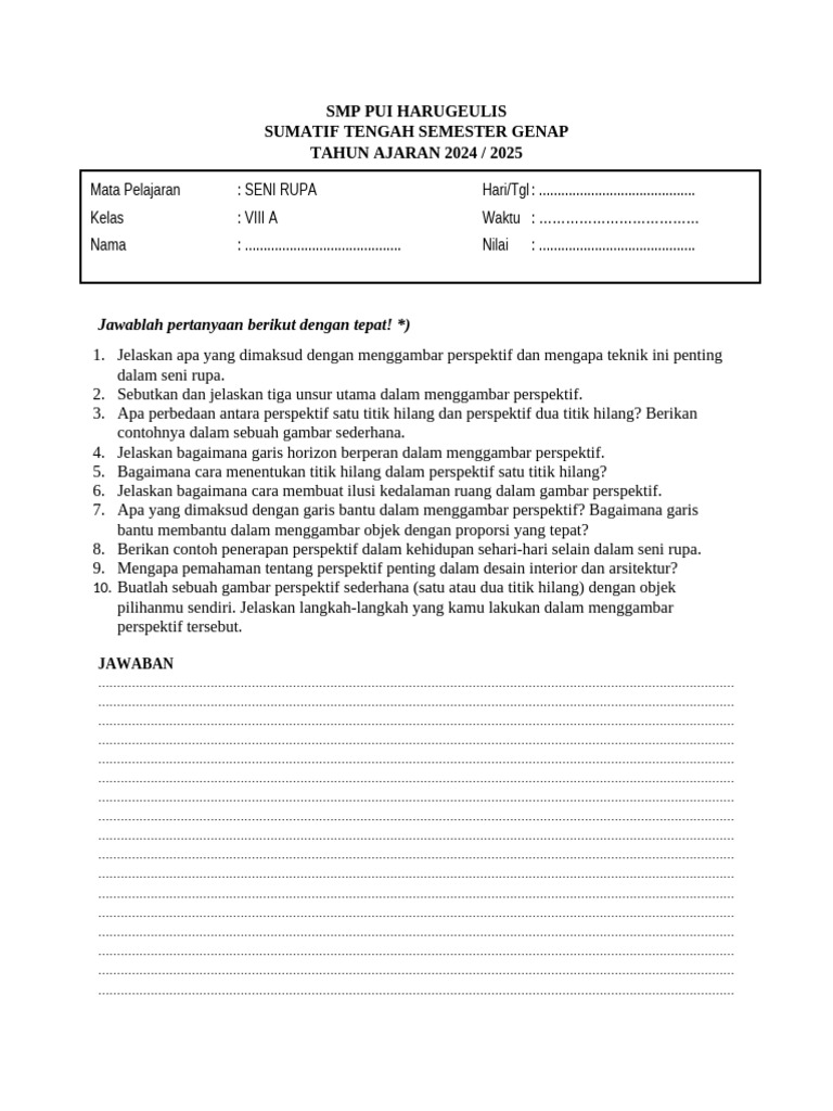 Soal STS Genap Seni Rupa Kelas 8a | PDF