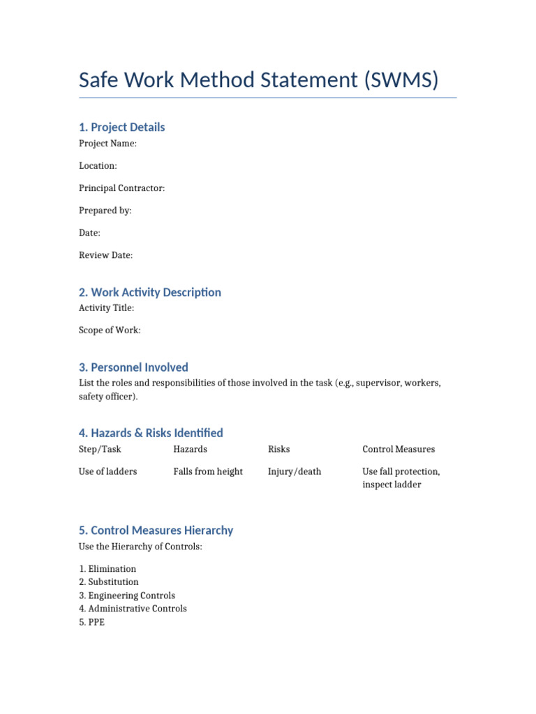 Safe Work Method Statement Template | PDF
