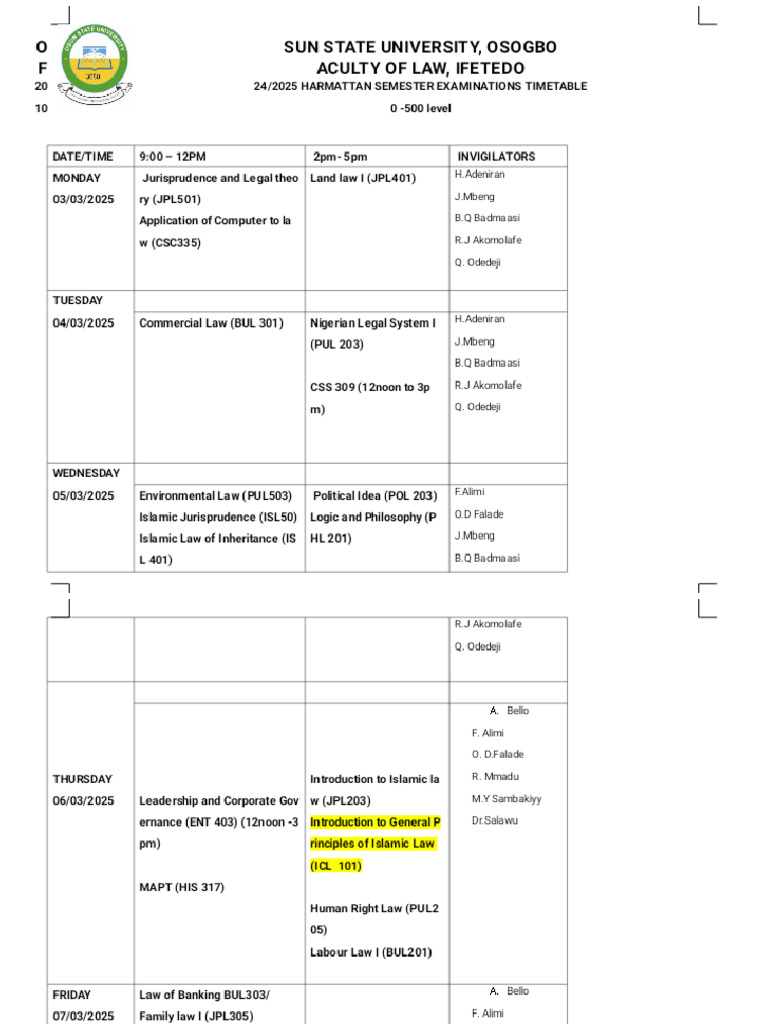 Harmattan Semester 2025 Time Table Draft2-8 - Phoenix | PDF