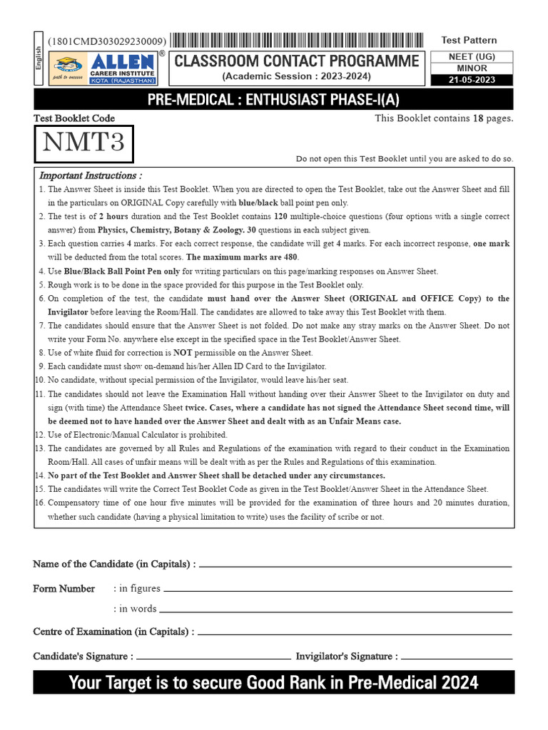 NEET UG Pre-Medical Test Booklet 2023 | PDF | Adsorption | Magnetic Field