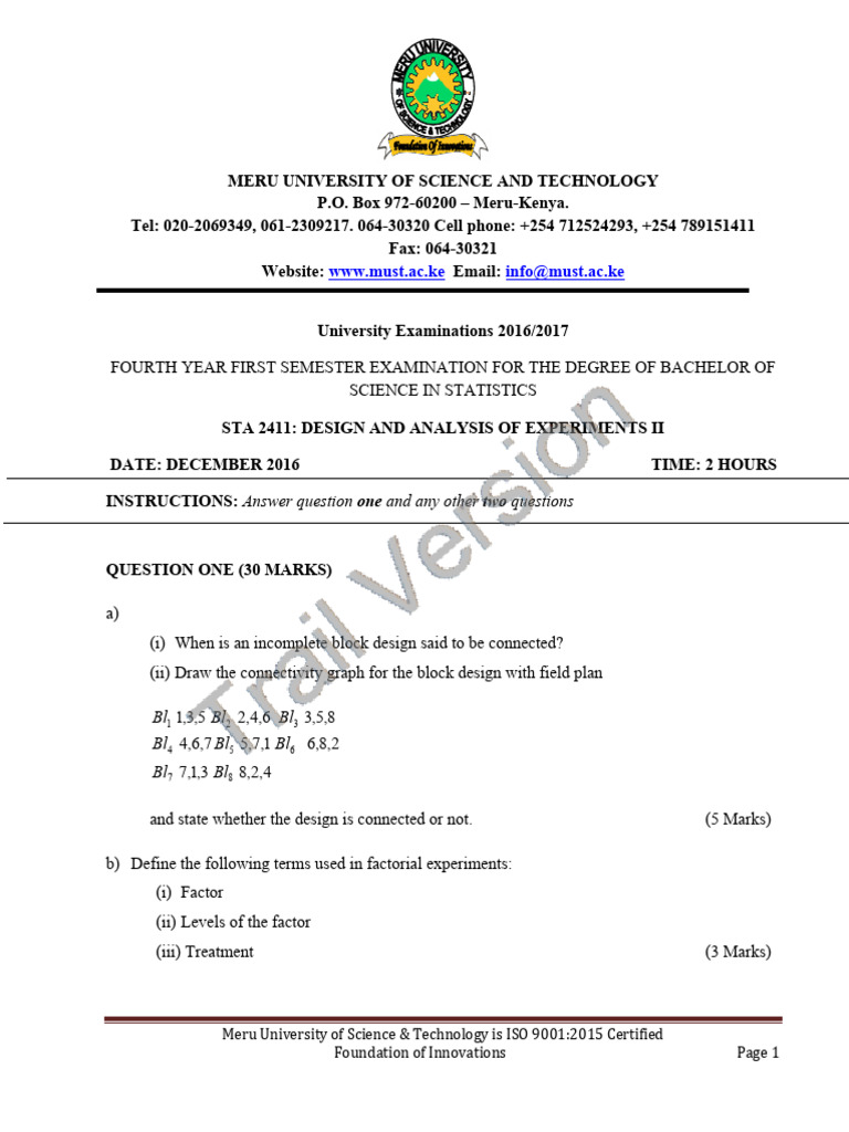 Sta 2411 Design and Analysis of Experiments Ii | PDF | Experiment | Statistical Theory