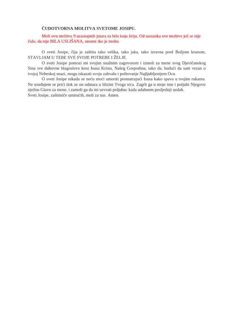 Čudotvorna Molitva Svetom Josipu | PDF