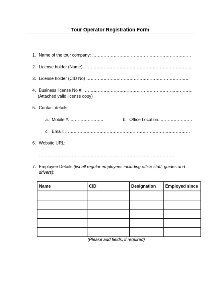 Tour Operator Registration Form | PDF