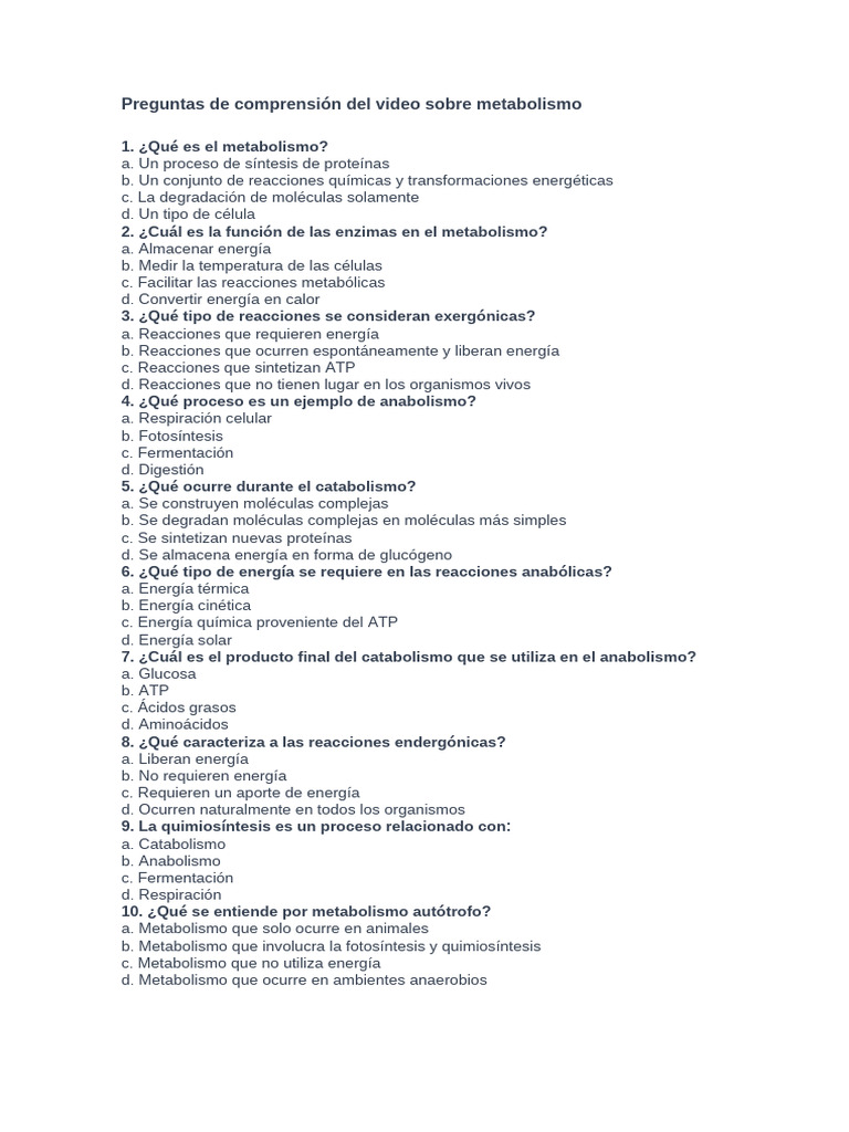 4preguntas de Comprensión Del Video Sobre Metabolismo EST | PDF