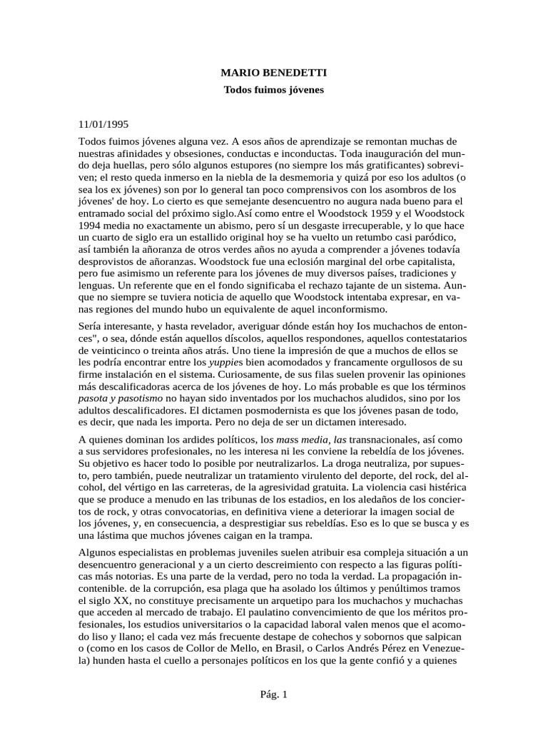 MARIO BENEDETTI Todos Fuimos Jóvenes 110195 | PDF