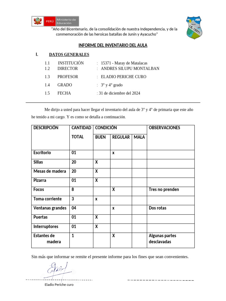 Informe de Inventario de Aula | PDF
