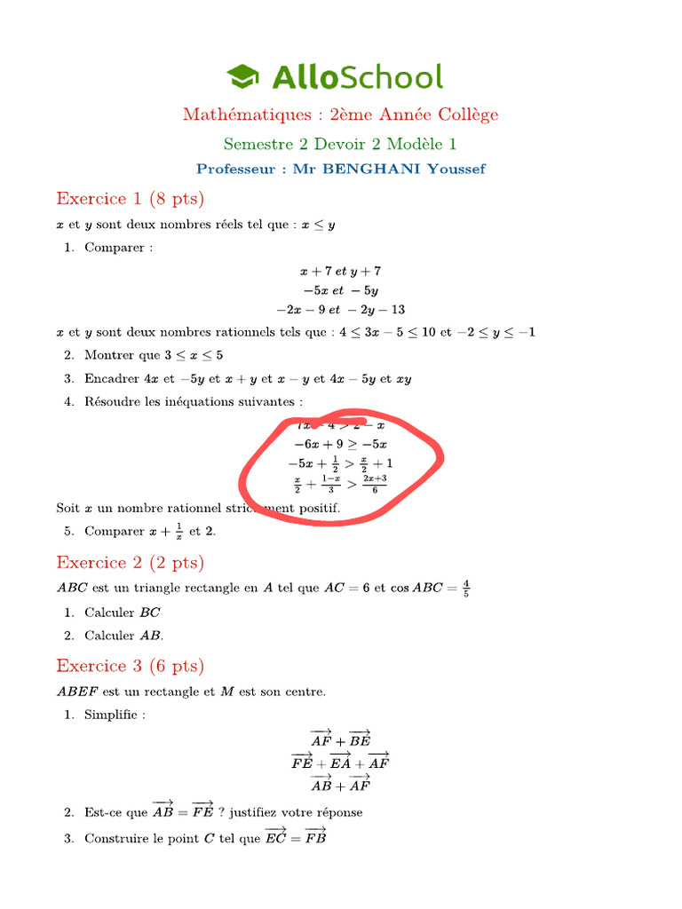 Math 2ac Semestre 2 Devoir 2 Modele 1 2 - Copie | PDF