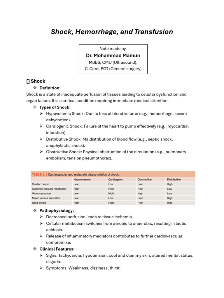 Chapter 2 - Shock, Hemorrhage and Transfusion | PDF | Shock ...