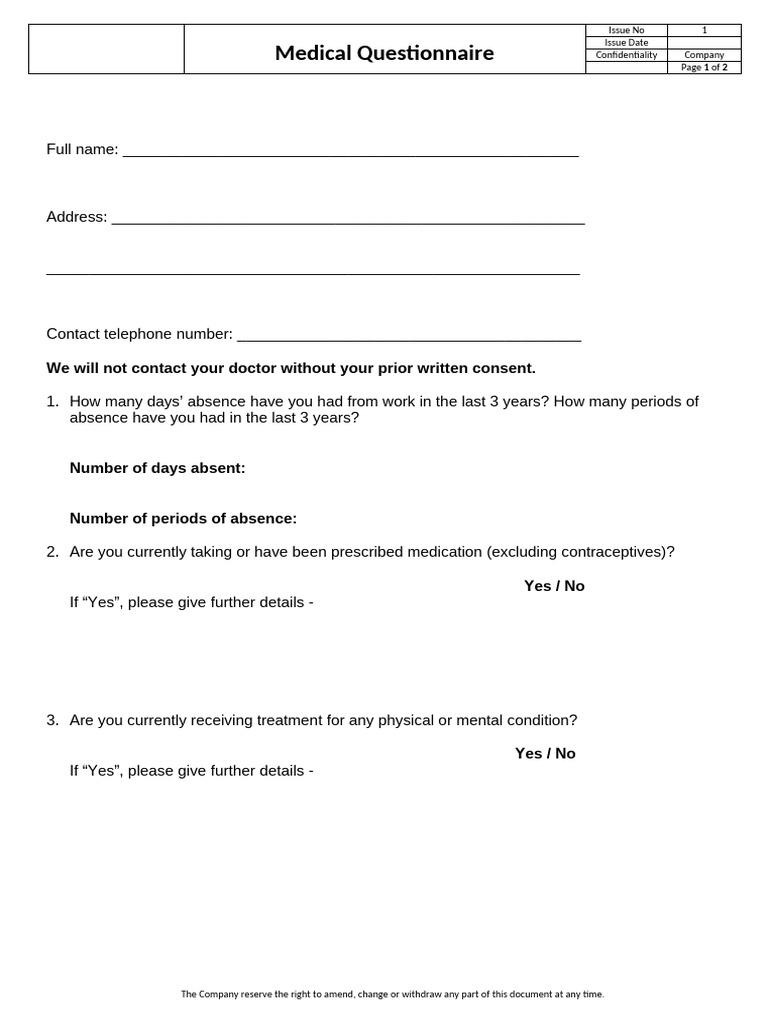 Medical Questionnaire Form | PDF | Medicine | Health Care