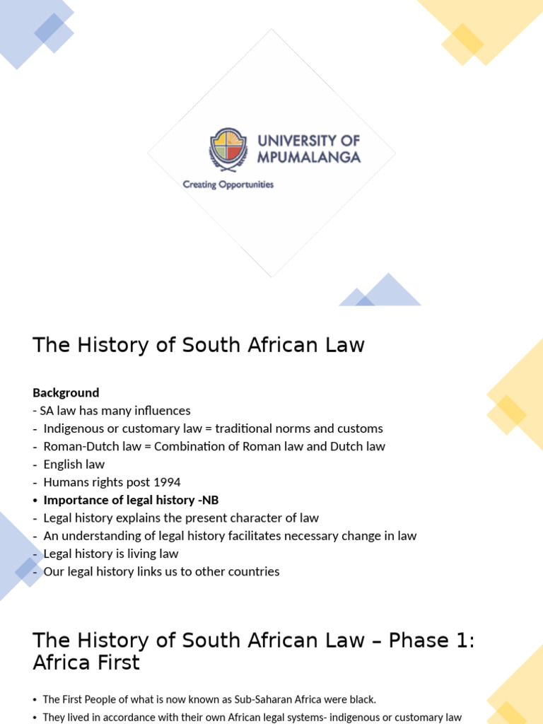 Lecture 2 - History of SA Law | PDF | Roman Law | Apartheid