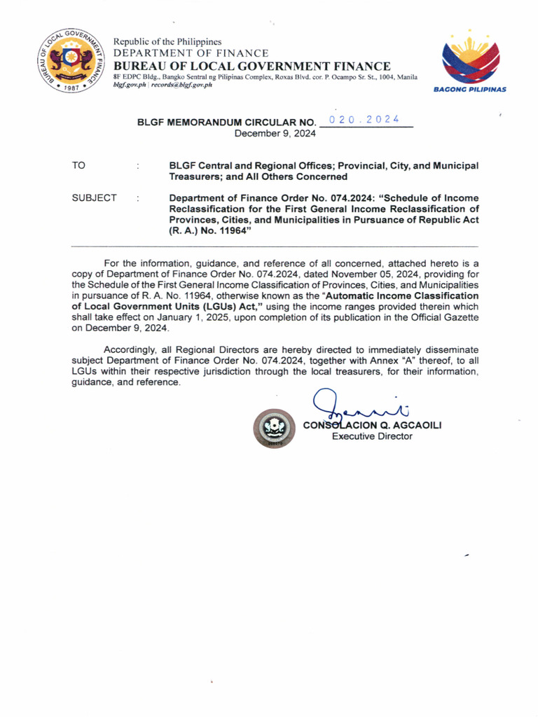 BLGF - MC No. 020.2024 - DOF Order No. 074.2024 - Schedule of Income Reclassification for the ...