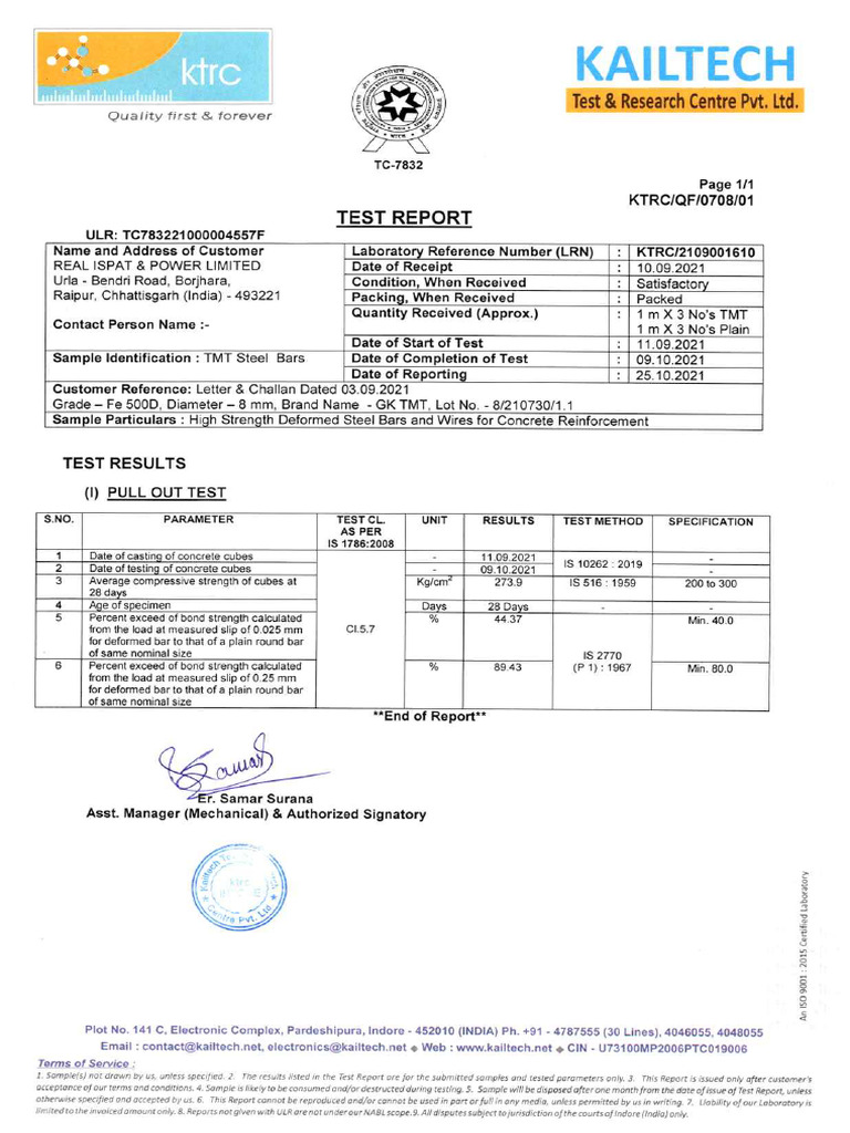 Pull Out Test Report - GK TMT - REAL ISPAT - 25.10.2021 | PDF