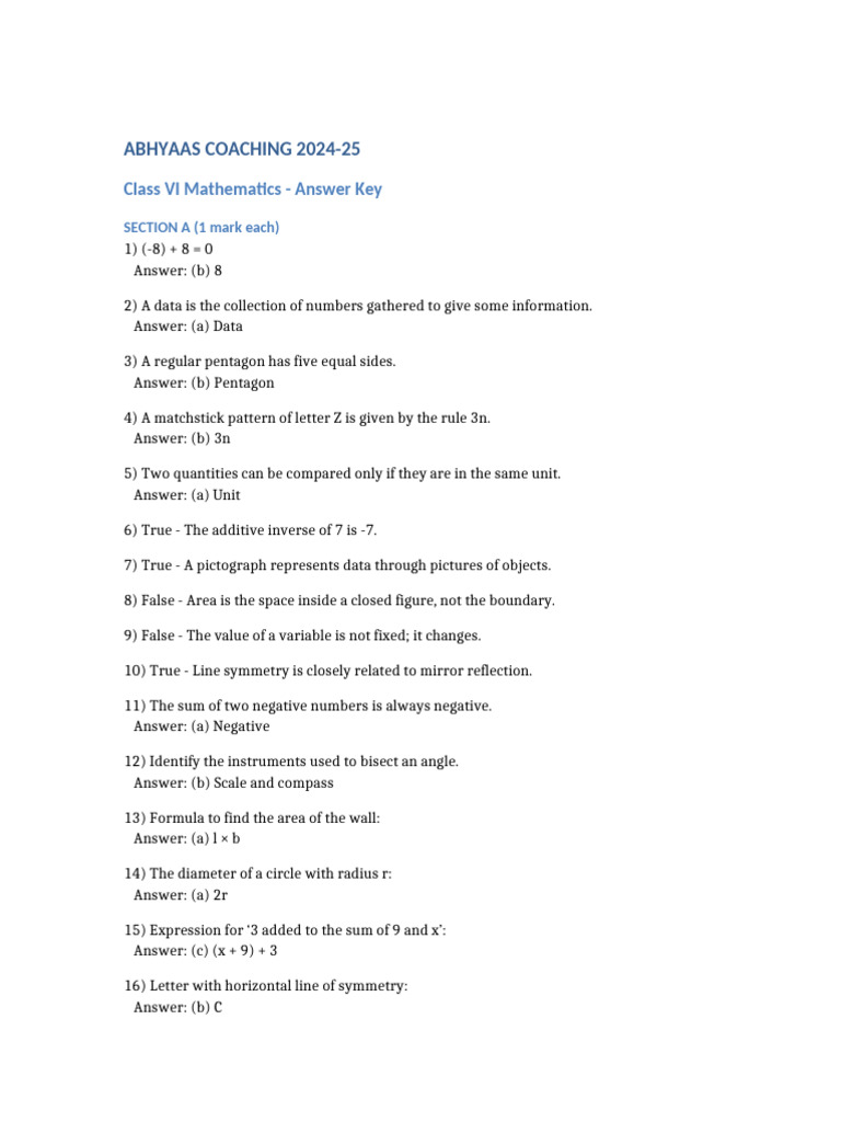 Class VI Math Answer Key | PDF