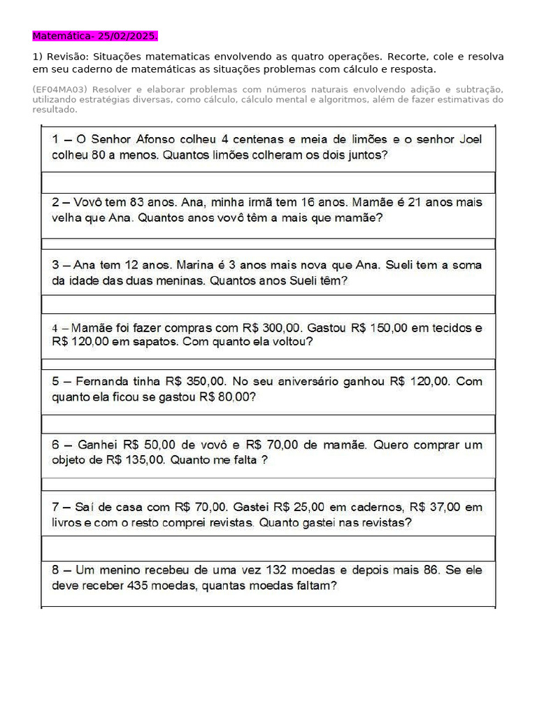 Revisão Situações Matemáticas Envolvendo As 4 Operações Pdf