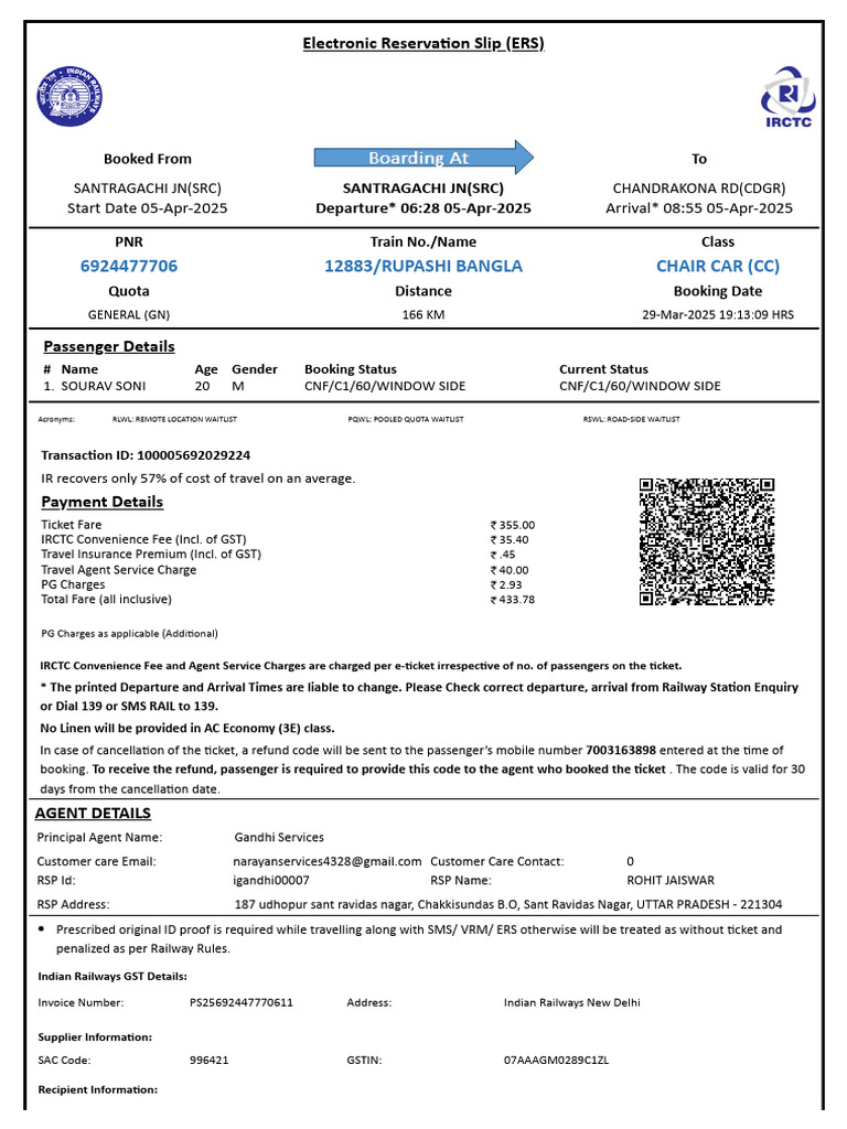 12883/rupashi Bangla Chair Car (CC) : Electronic Reservation Slip (ERS ...