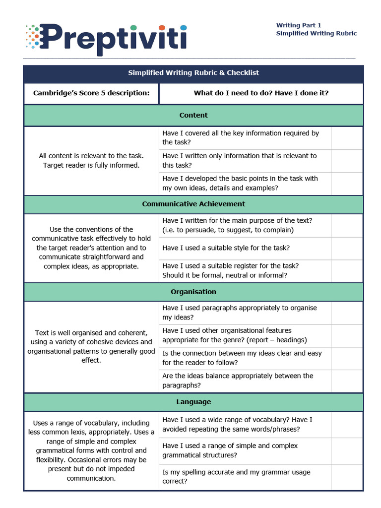 C1 - Simplified Writing Rubric & Checklist | PDF | Grammar | Vocabulary