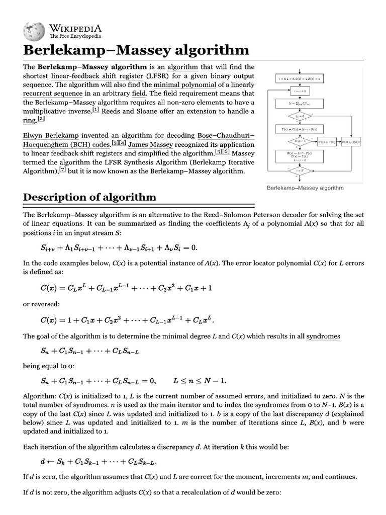 Berlekamp-Massey Algorithm | PDF