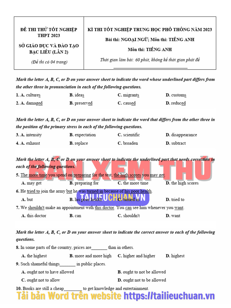 De Thi Thu Tot Nghiep THPT Mon Tieng Anh Bac Lieu Nam 2023 2024 | PDF | Weather | Space