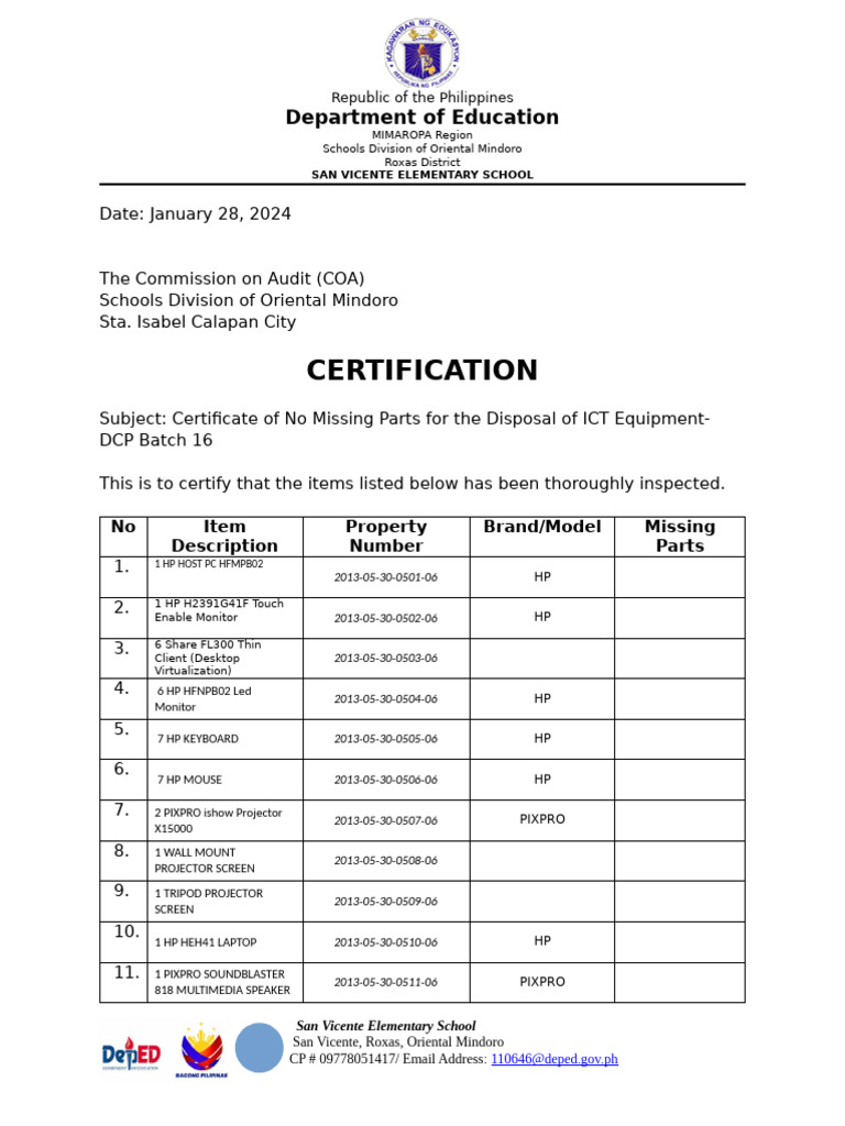 Certificate of No Missing Parts for ICT Disposal | PDF | Laptop ...