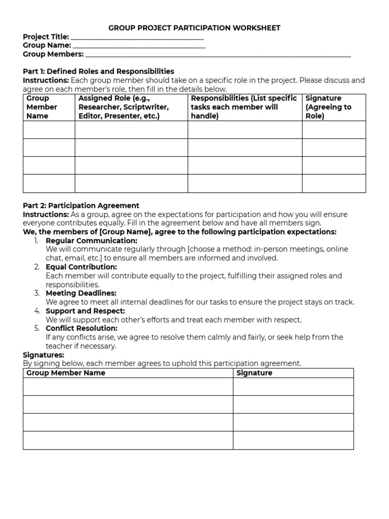 Group Project Participation Worksheet | PDF | Cognition | Social Psychology