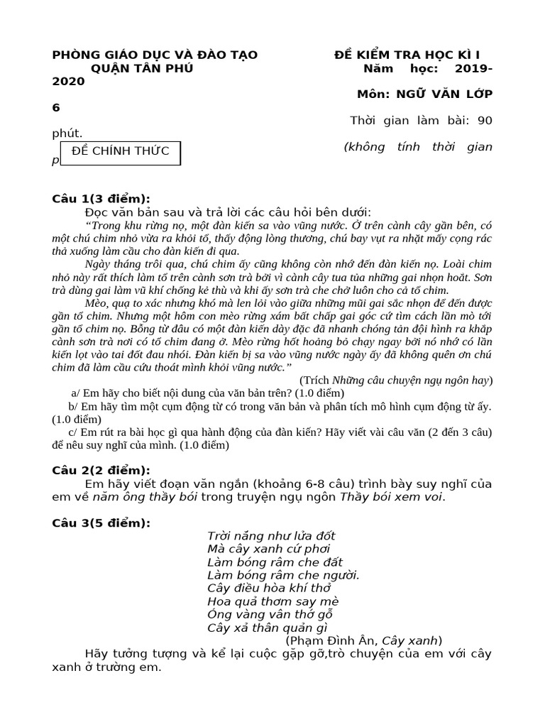 DE KT- HDC KT HKI _ VAN lop 6 (19-20) - Ly Hang(1) | PDF