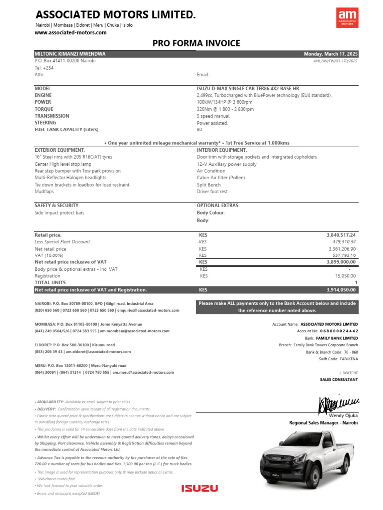 Isuzu D-Max TFR86 Pro Forma Invoice | PDF | Vehicle Technology | Motor ...