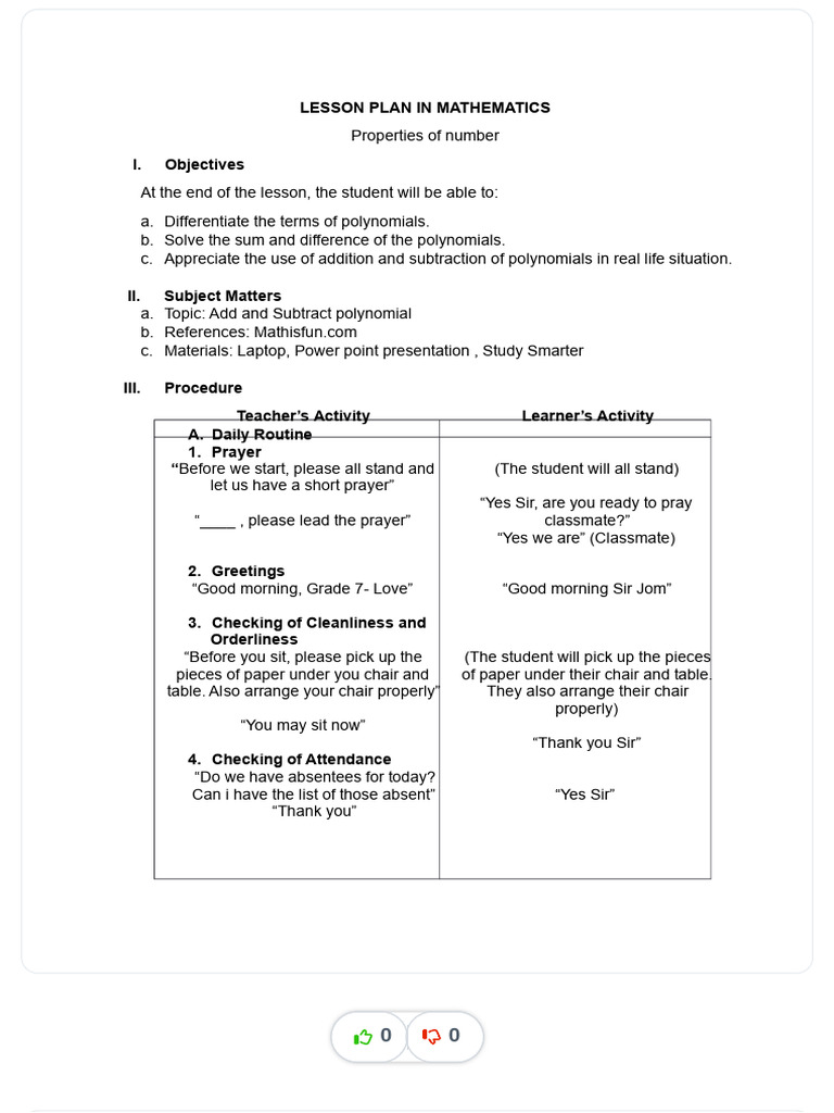 Detailed Lesson Plan in Mathematics Compress | PDF | Polynomial | Algebra