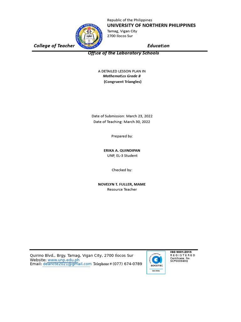 Detailed Lesson Plan in Congruent Triangles Grade 8 - Compress | PDF | Axiom | Triangle