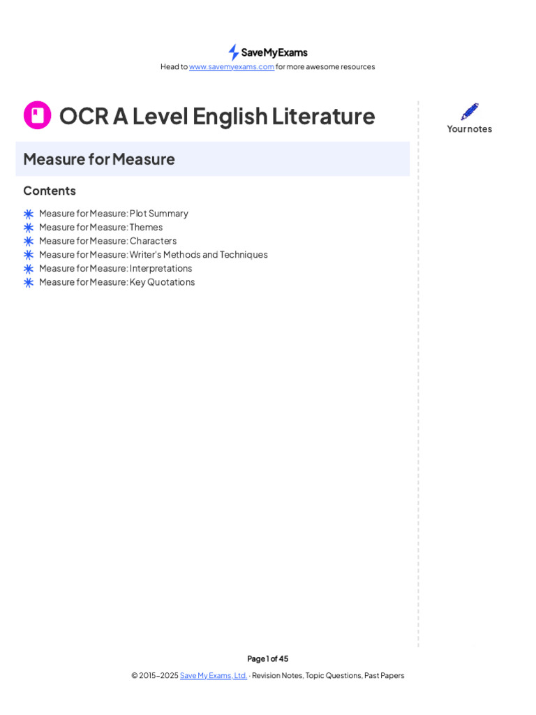 Measure For Measure OCR A Level English Literature Revision Notes 2015 ...