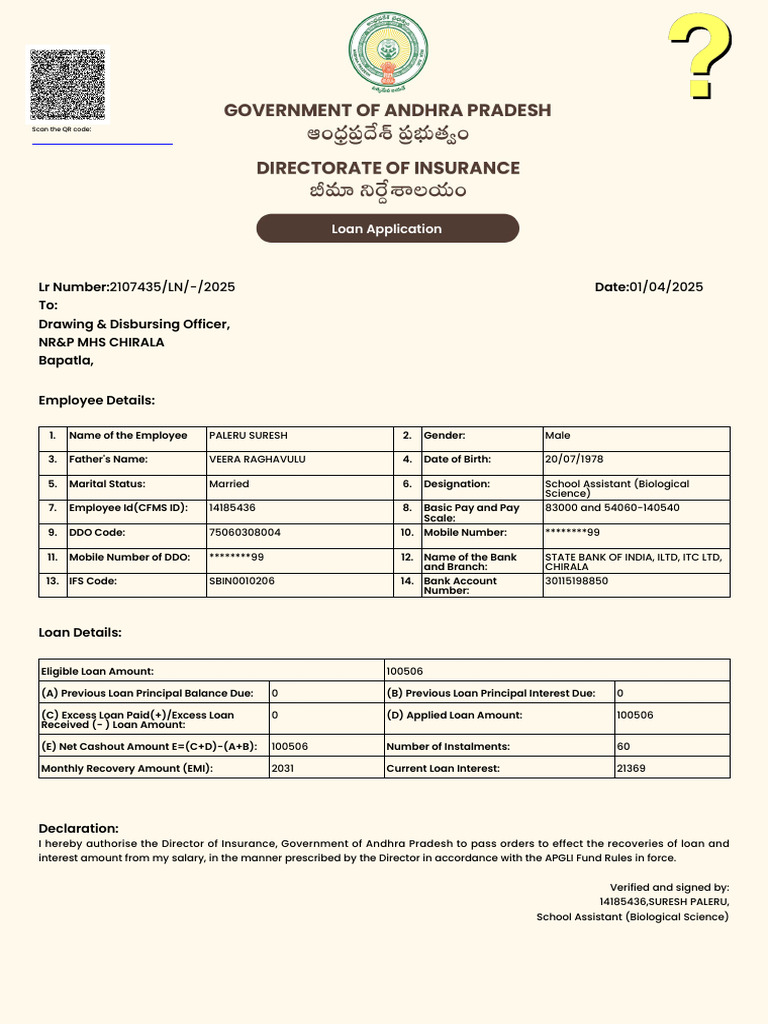 LR Number: Date: To: Drawing & Disbursing Officer, NR&P Mhs Chirala ...