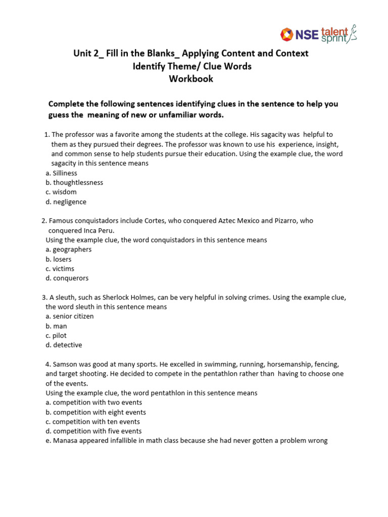 Session 4 Workbook - Identify Theme Clue Words | PDF