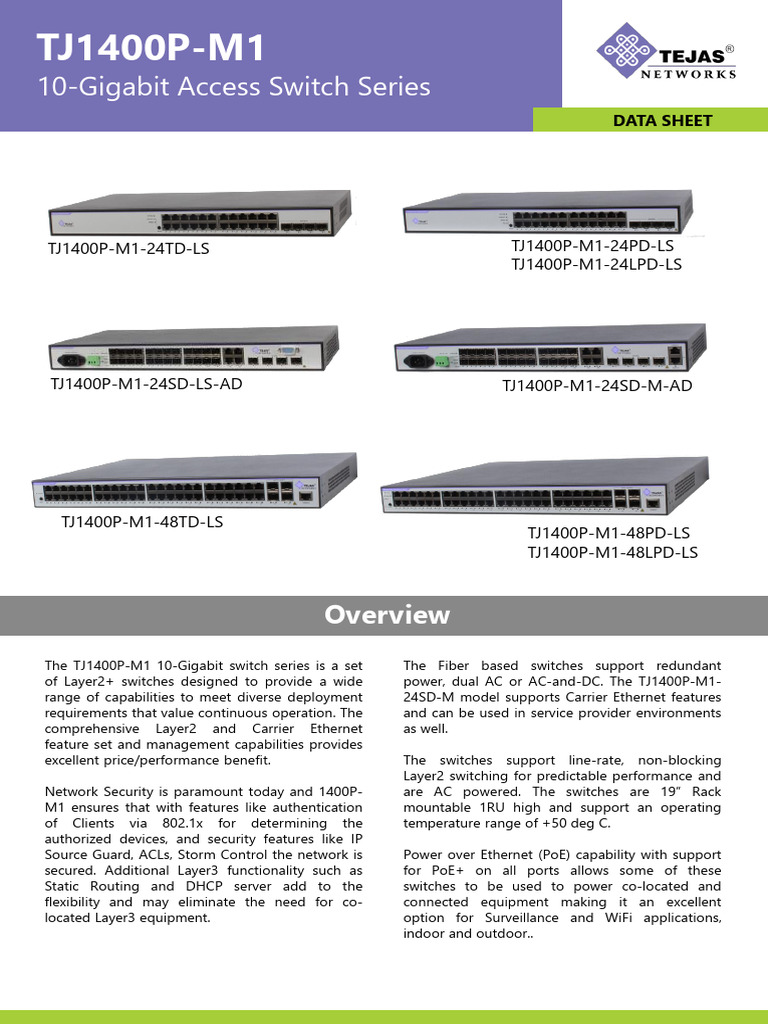 tejas-brochure-tj1400p-m1-10gigabit-switches | PDF | Network Switch ...