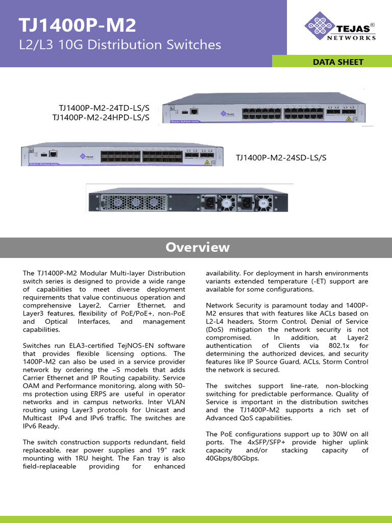 Tejas Brochure tj1400p m2 Distribution Switches | PDF | Port (Computer ...