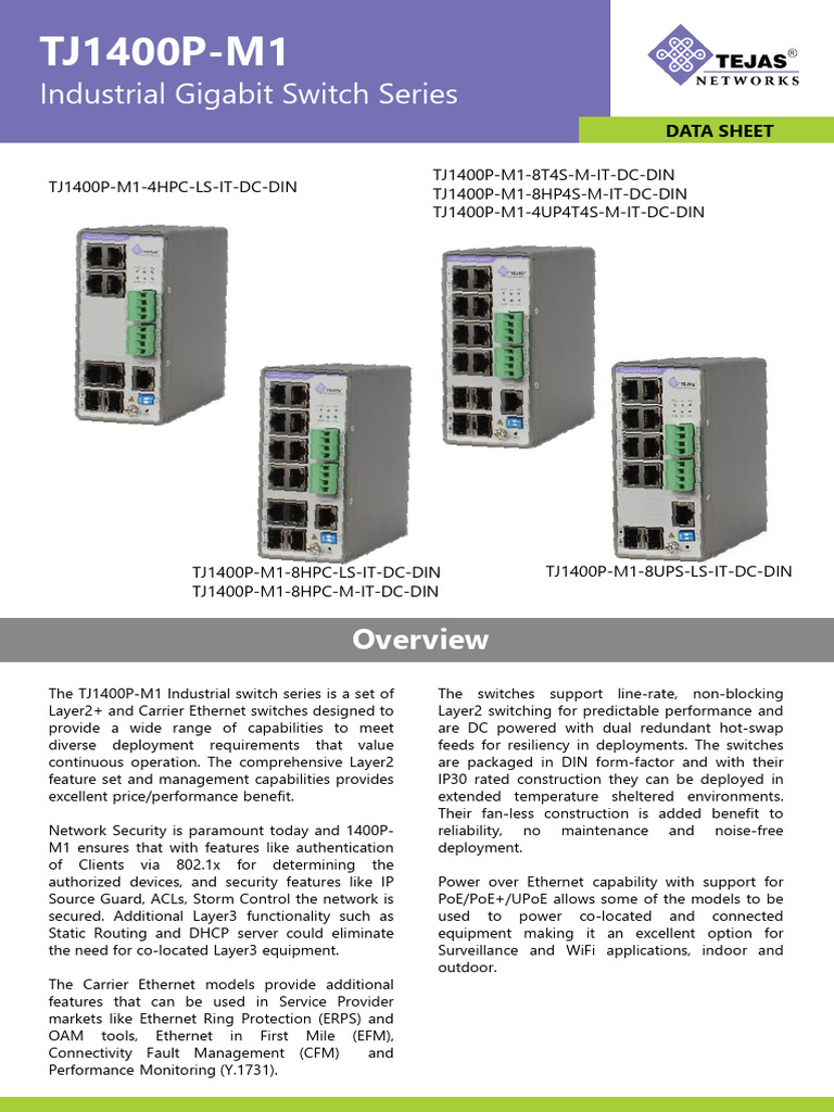 Tejas Brochure tj1400p m1 Industrial | PDF | Network Switch | Computer Network