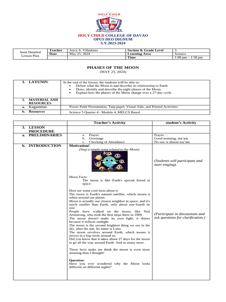 Joyceee Sci122 Lesson Plan | PDF | Moon | Physical Sciences